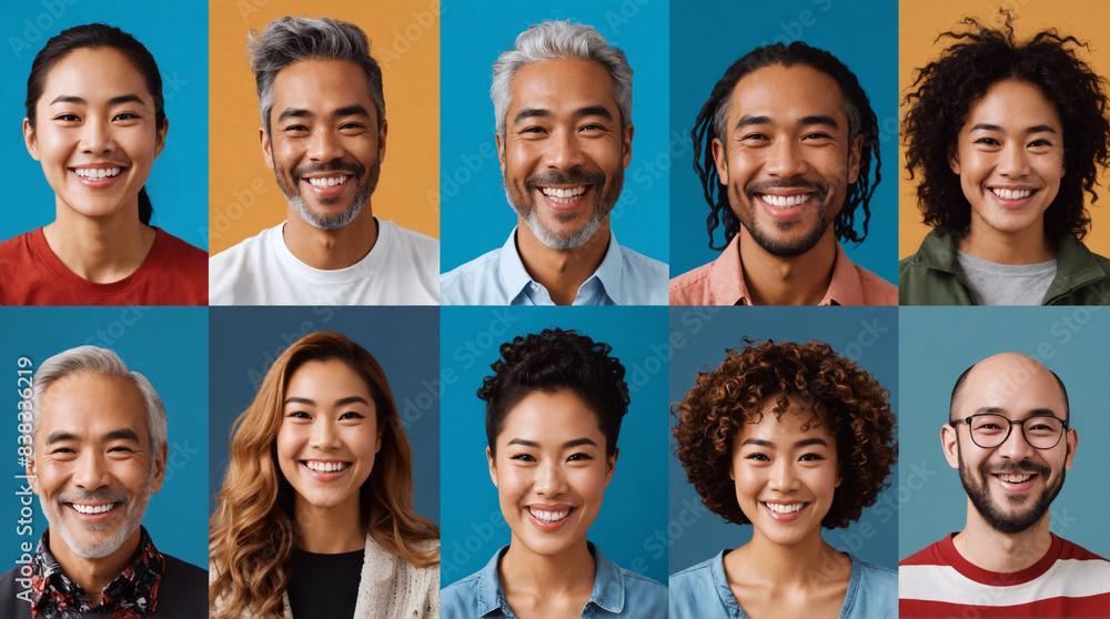 Collage of different people smiling, men and women from various age and ...