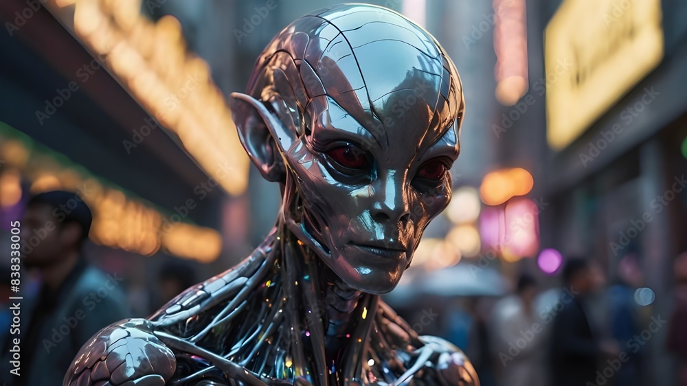 Cybernetic alien standing in cyberpunk futuristic city, detailed ultra ...