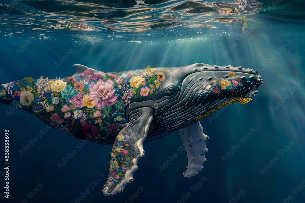Vintage whale endangered species concept with rococo wallpaper on the ...