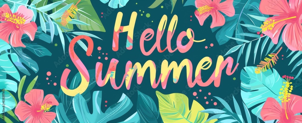 A vibrant summer banner with the text "Hello Summer" in a bold, playful ...