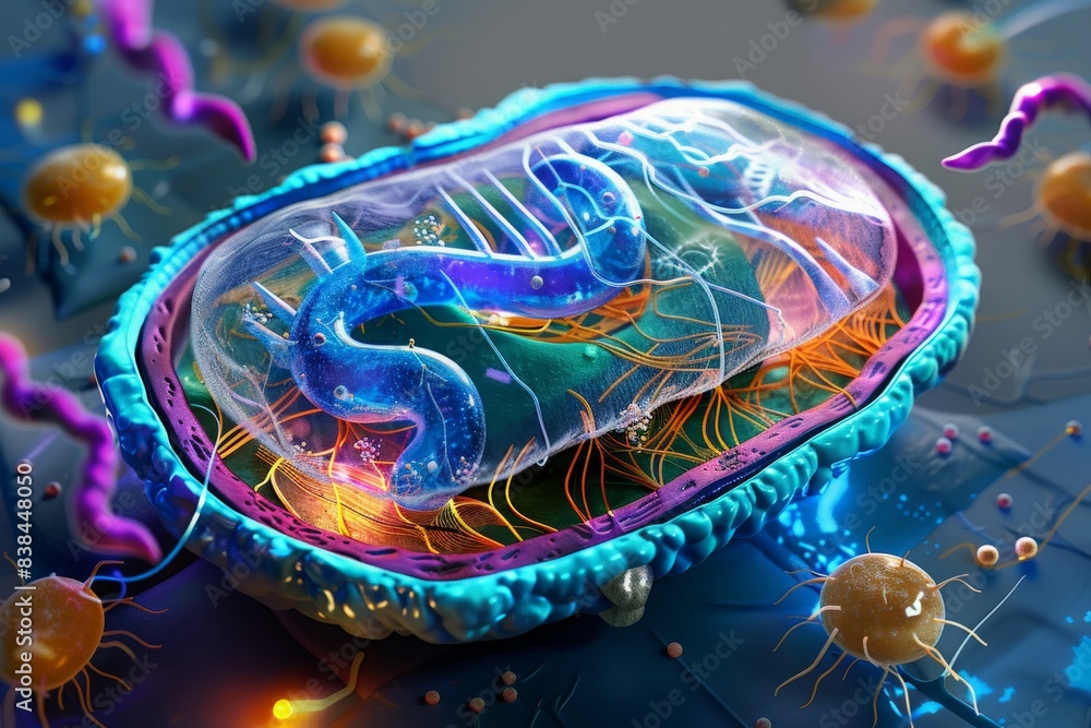 Detailed 3D rendering of a bacterial cell, showing internal structures ...