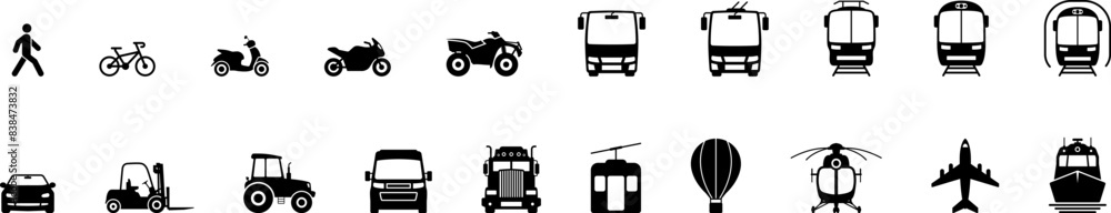 Vehicle, Air, Railway, Bike, Motorcycle Transport Silhouette Icon Set ...