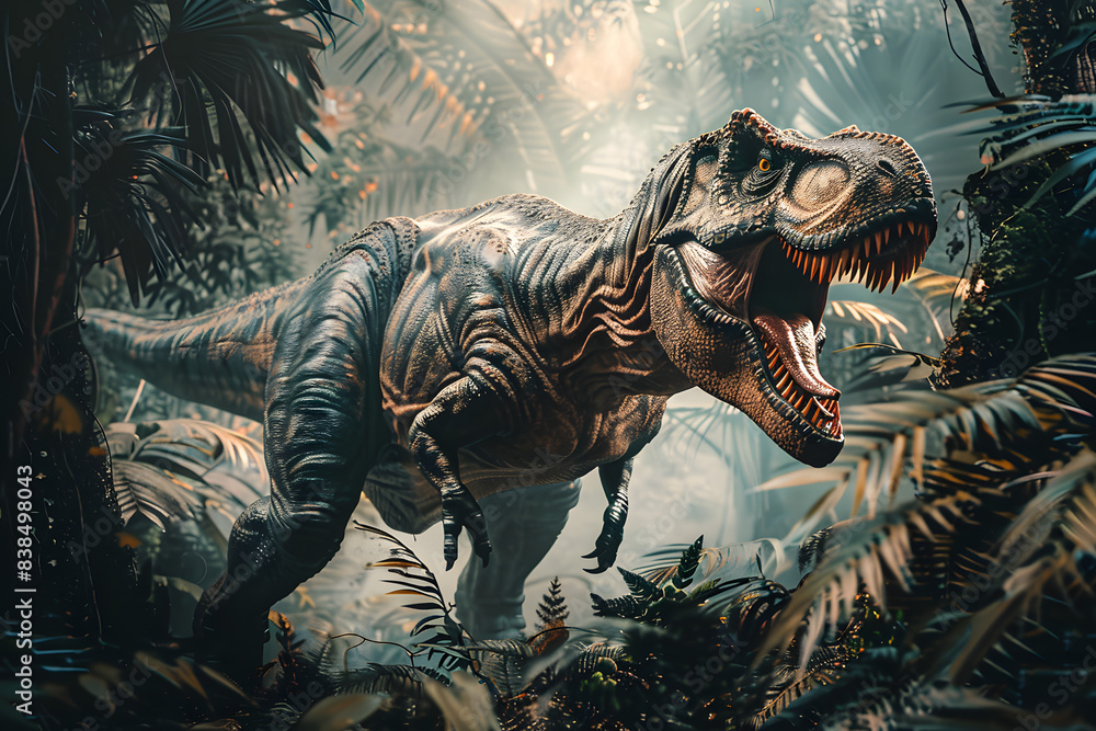 "Primeval Dominance: Huge Tyrannosaurus Rex Roaming the Primeval Jungle, the Terrible Predator ...