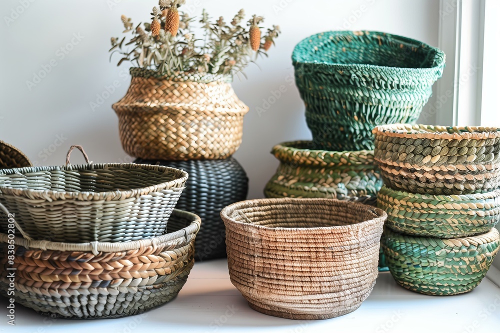 handmade storage baskets in various sizes and shapes, neatly stacked on ...
