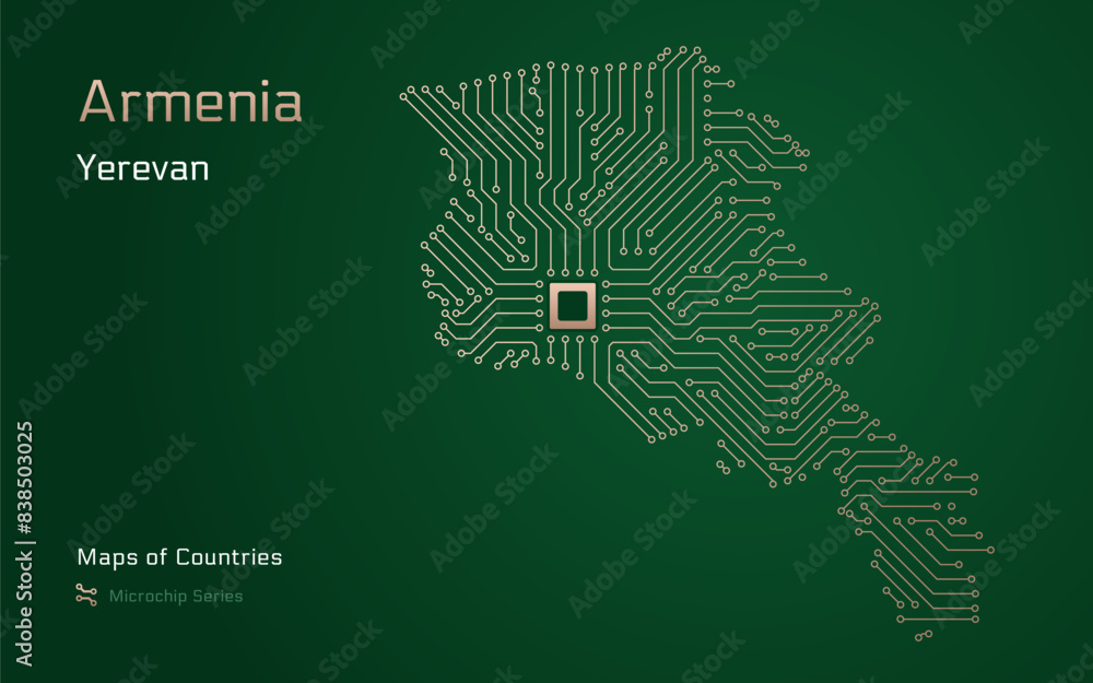 Armenia Map with a capital of Yerevan Shown in a Microchip Pattern with ...