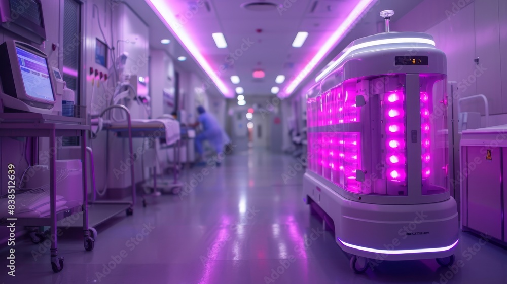A UV-C light disinfection robot moves down a hospital corridor ...