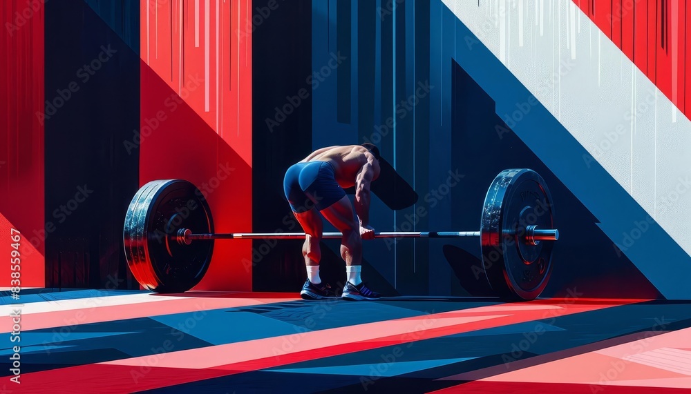 Capture the rear view of a powerful weightlifter straining as they lift ...