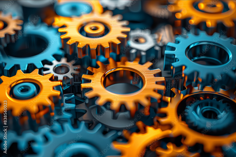 Interlocking gears of different sizes and colors working together ...