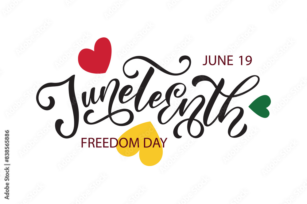 Juneteenth freedom day handwritten text and hearts illustration, hand ...