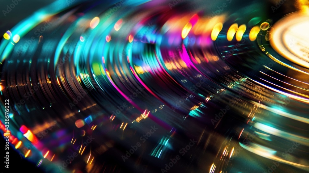 A close look at a holographic vinyl record with each groove revealing a ...