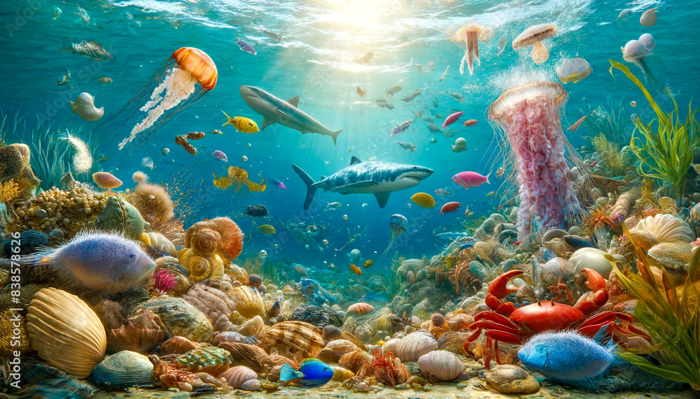 Ocean floor underwater ecosystem with diverse marine life, sharks and ...