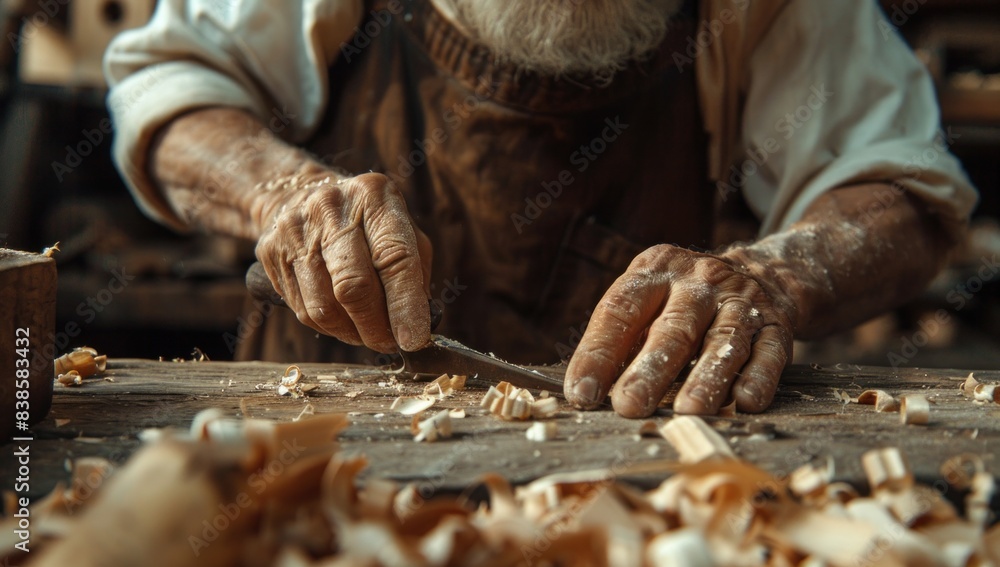 Zoom in on the skilled hands of the woodworker, gracefully maneuvering ...
