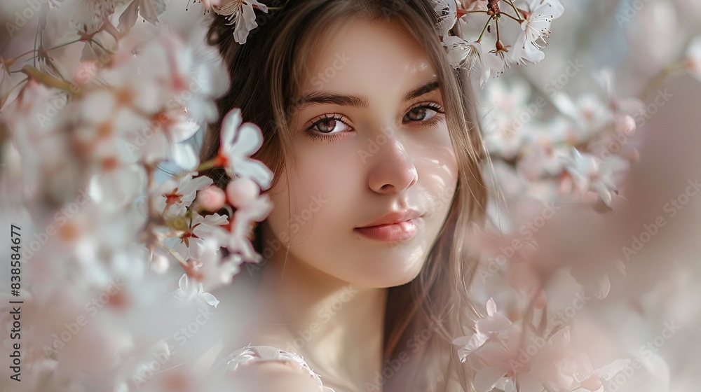 Portrait of beautiful young girl posing with pinky white flower ...