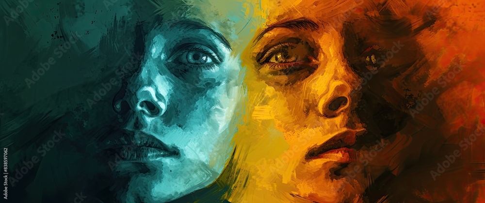 Abstract art featuring dual tones and facial elements. Explores depth ...