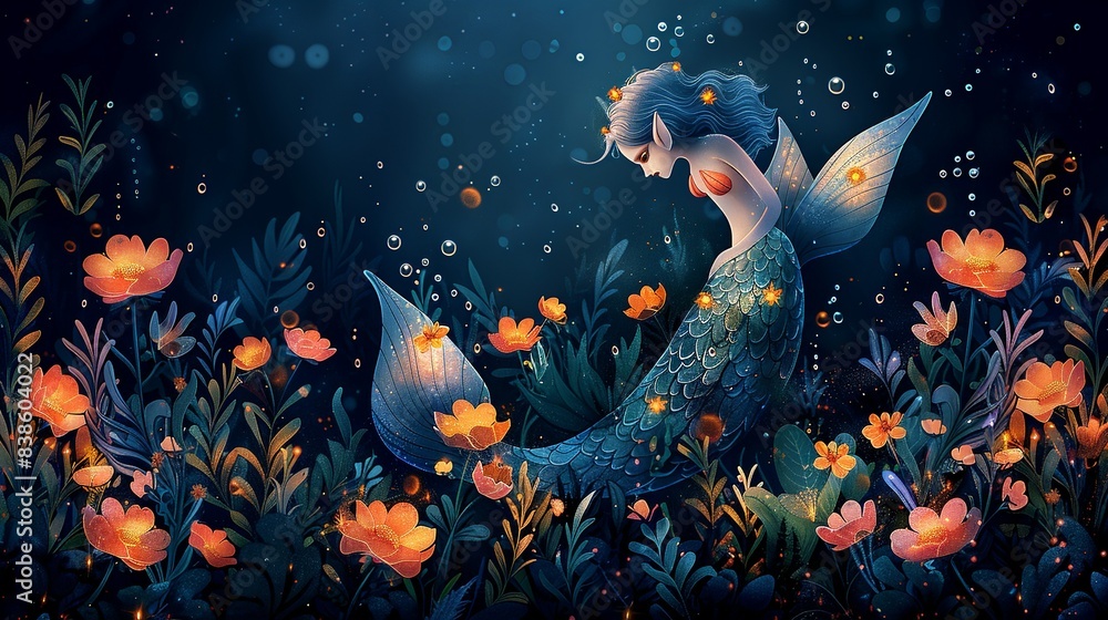 2D flat color image of a merman entwined with seaweed and underwater ...