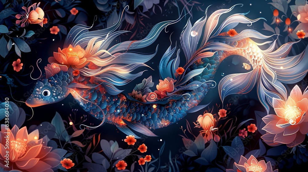 2D flat color image of a merman entwined with seaweed and underwater ...