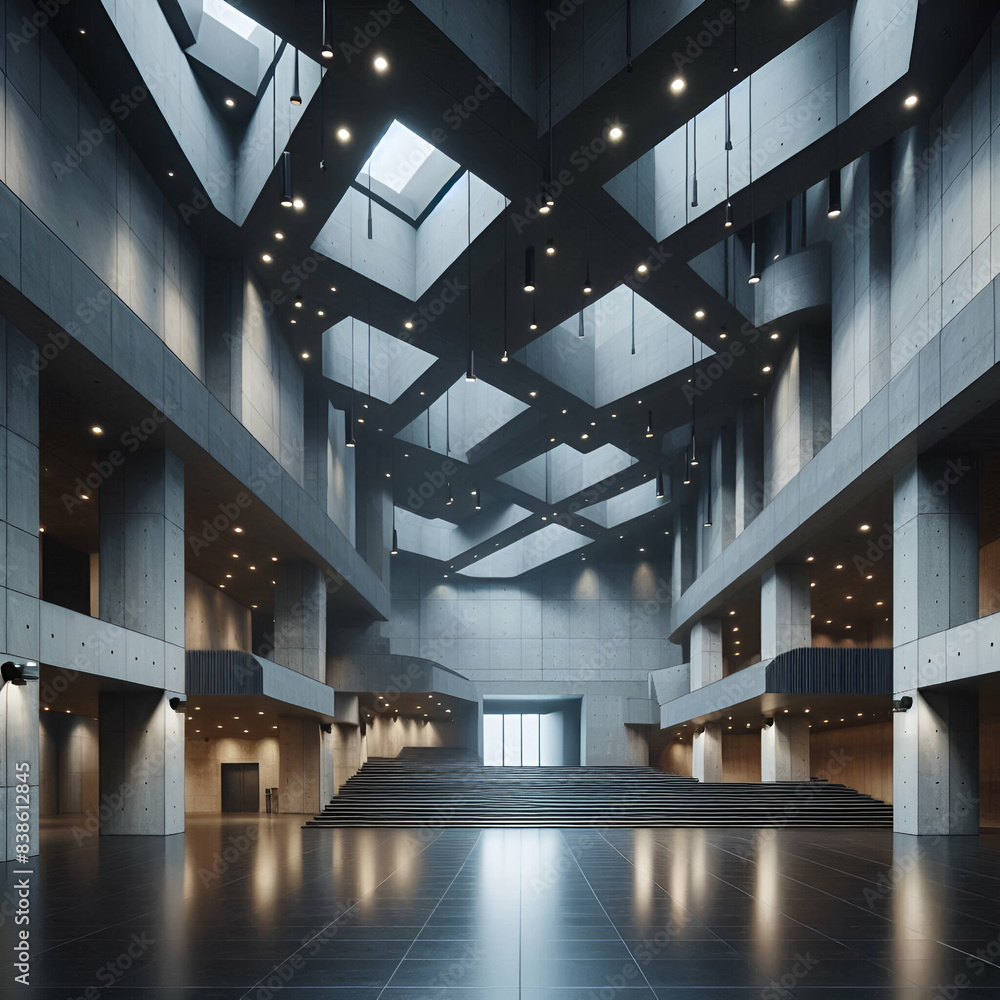 Empty Modern Architecture Dark Interior Design Cement Concrete White 3D ...