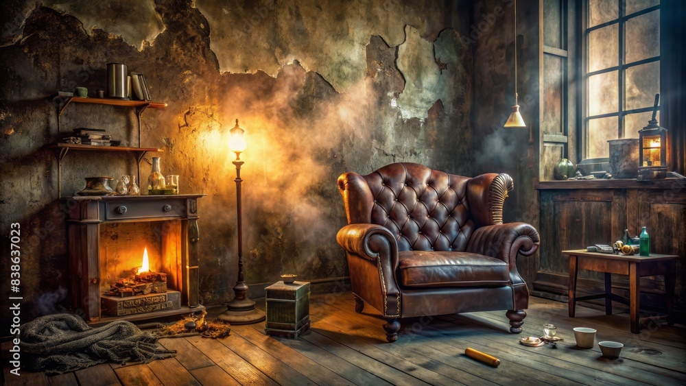 Dimly lit, smoky atmosphere surrounds worn, vintage armchair, richly ...