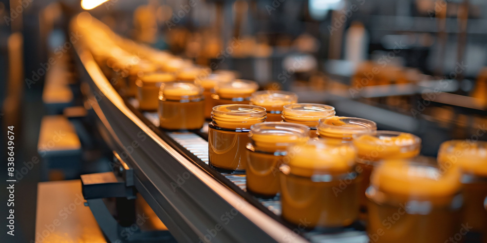 Rows of golden capped jars moving along a conveyor belt in a production ...