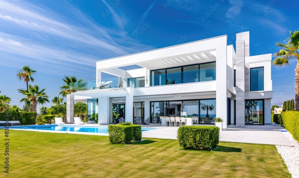 A spacious and luxurious white villa with a modern and minimalist ...
