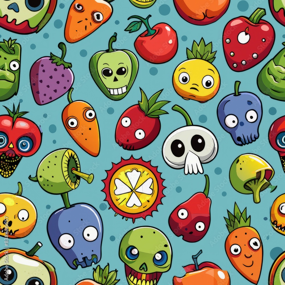 Seamless pattern of cute cartoon zombie fruits and vegetables with bite ...