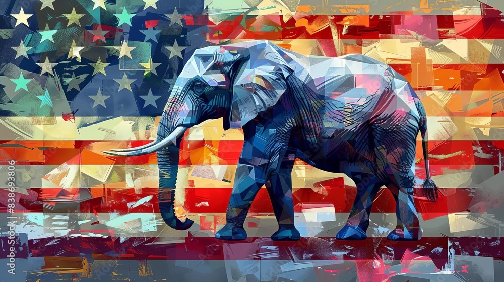 Modern abstract geometric art of an elephant on an American flag ...