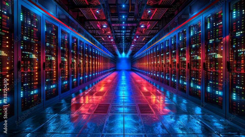 Global communications equipment in a server room, Network ...