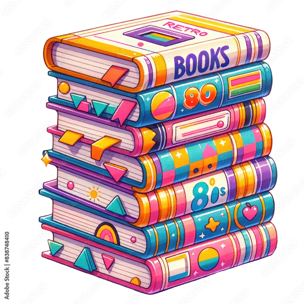 Stack of colorful books with 80s theme and retro designs clipart with ...