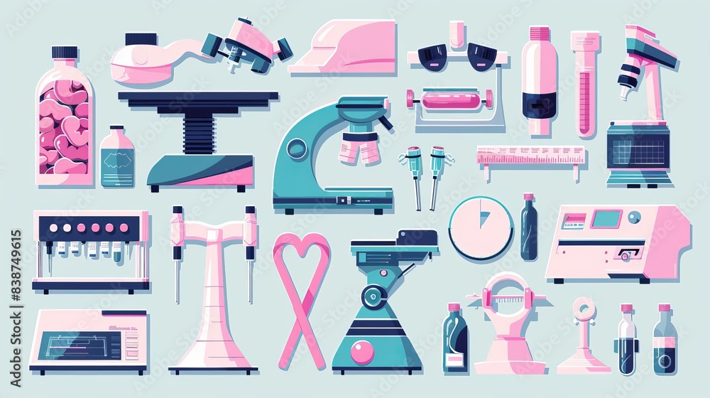 Detailed icons of mammogram machines, pink ribbons, and lab equipment ...