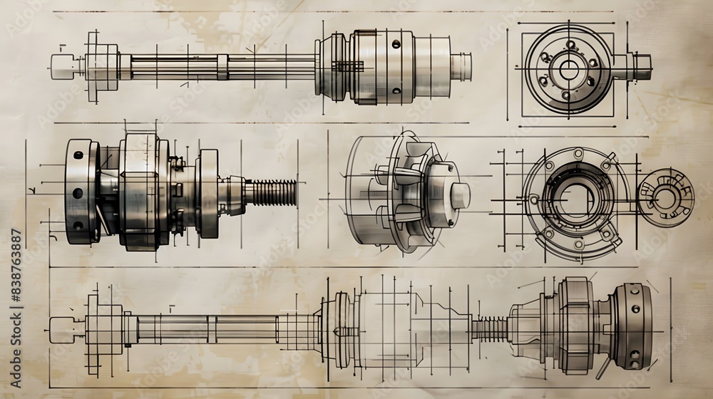 a series of orthographic projections surrounding a complex mechanical ...