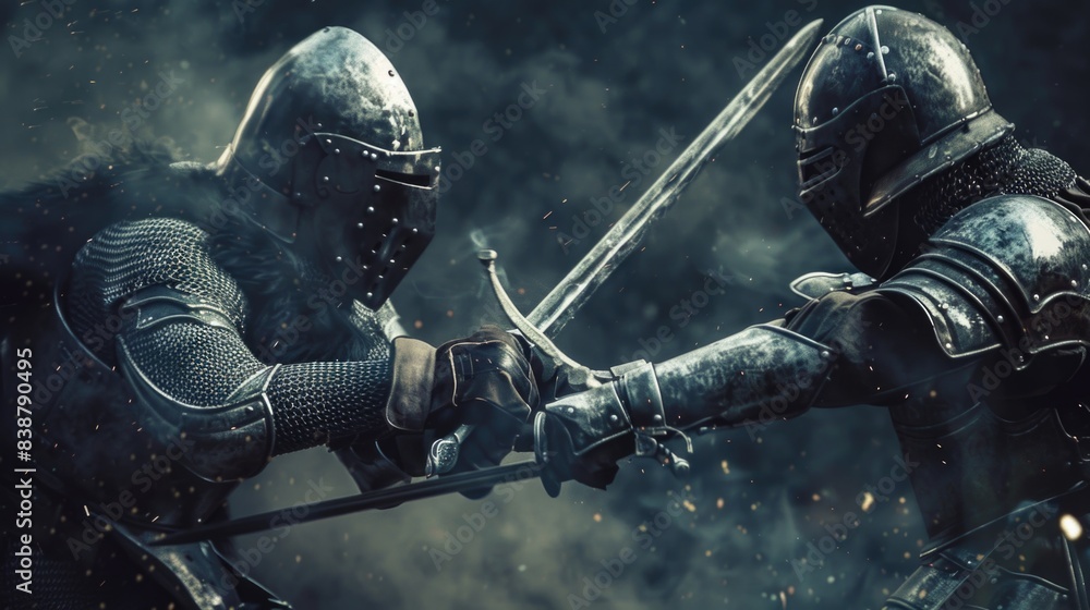 Two Armored Medieval Knights Fighting with Swords. Dark Ages Army ...