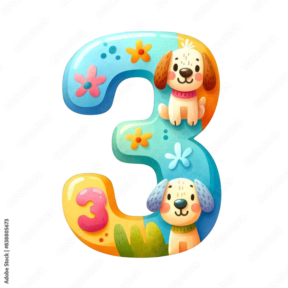Colorful number 3 with cute dog illustrations, perfect for children's ...