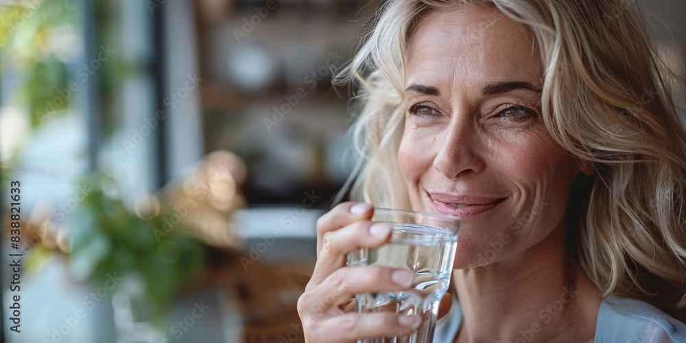 Gorgeous mature lady sips from a glass of pure water, radiating joy as ...