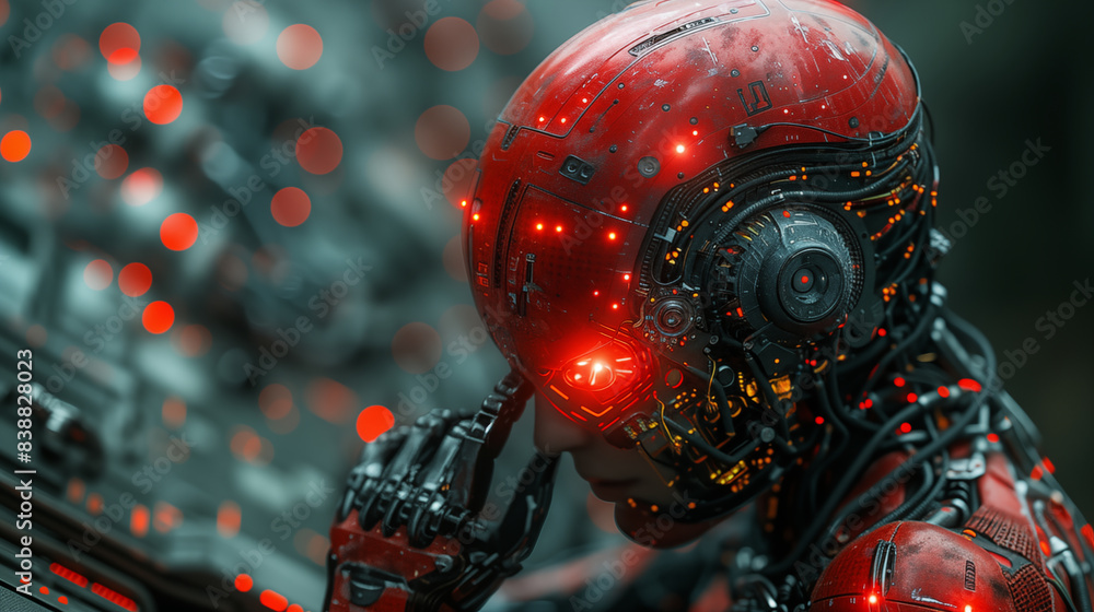 Thinking cyborg with red shades and laser eyes. Concept of artificial ...