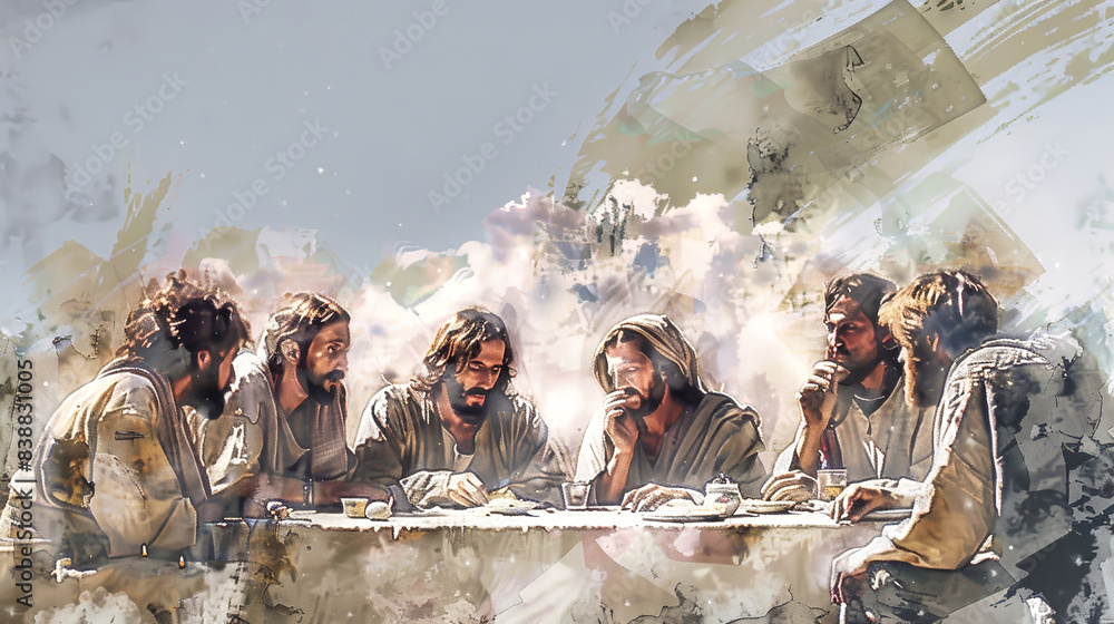A painting depicting Jesus and his disciples gathered around a table ...