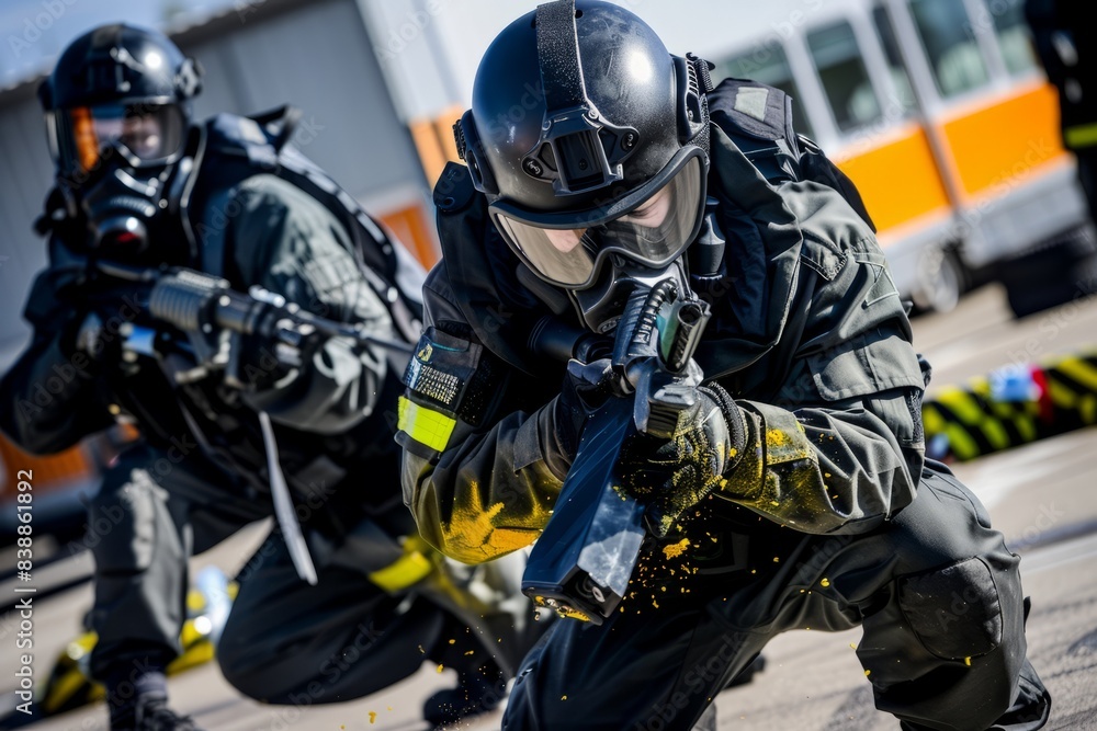 Professional Photography of security staff practicing communication and ...