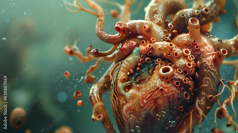 A surreal depiction of a human heart with tube-like extensions ...