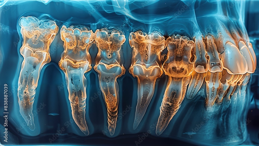 Dental X-ray of a root canal treatment, detailed tooth interior ...