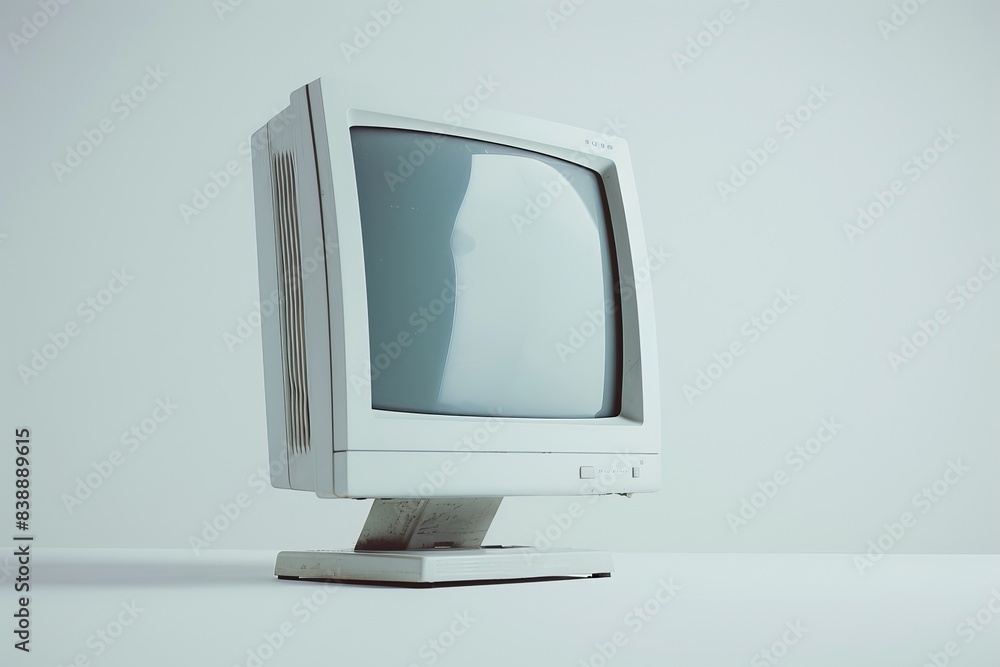 a 90s monitor, slightly tilted. The screen is currently on, black ...