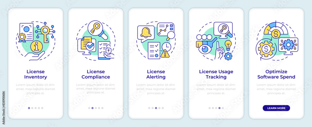 Software license key features onboarding mobile app screen. Walkthrough ...