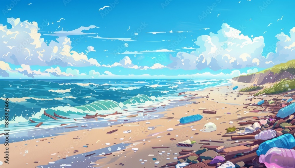 Sunny beach scene with scattered litter and debris along the shore ...