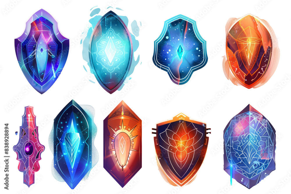 Visualize a set of glowing energy shields and barriers, unique pattern ...