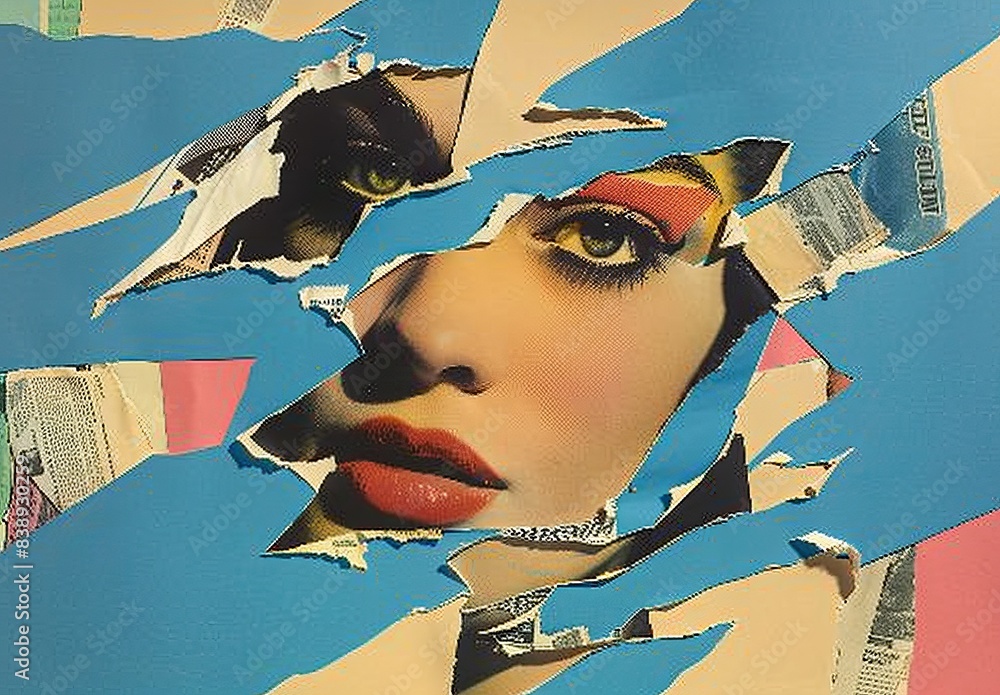 Collage with torn face. Ripped woman head poster. Female billboard ...