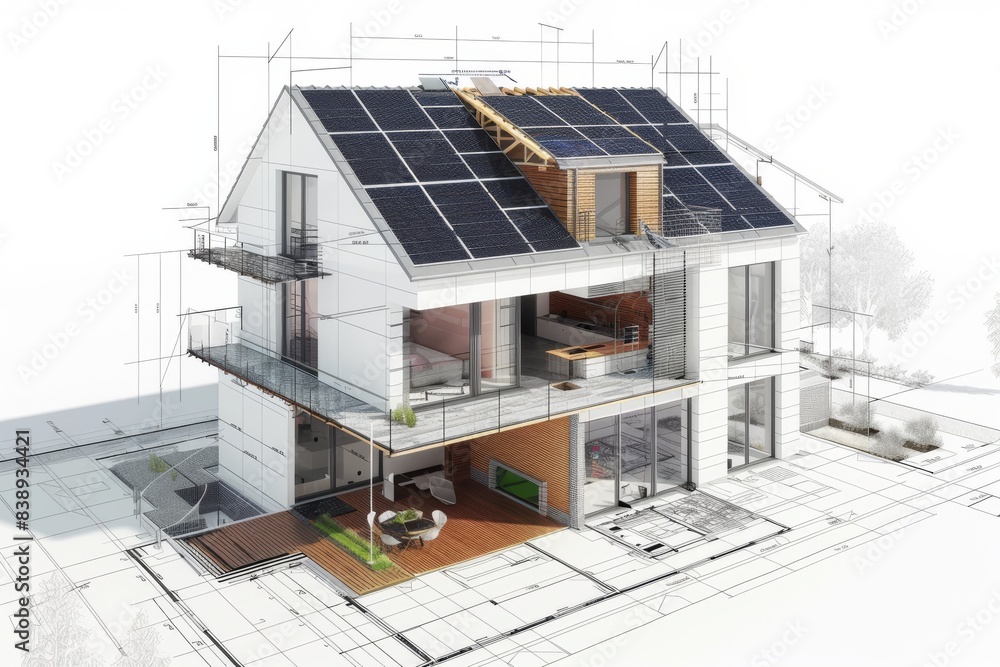 House blueprint with green power panel. Sketch of residential building ...