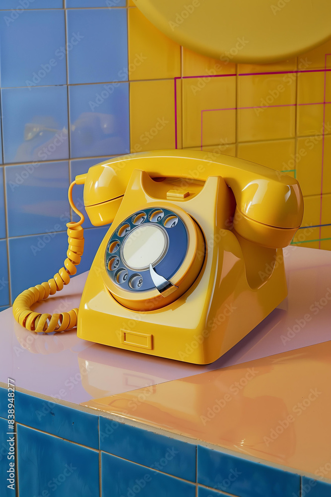 yellow vintage phone on a table, with a vibrant background featuring ...