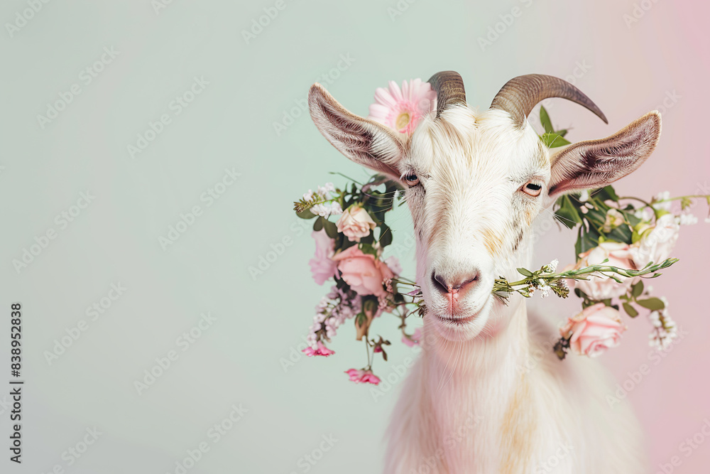 cute white goat sticking out its tongue with flowers on its head stands ...