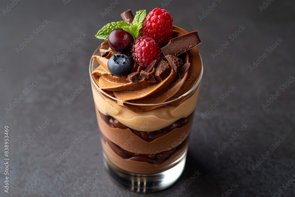 A layered chocolate mousse in a glass, elegant presentation, detailed ...