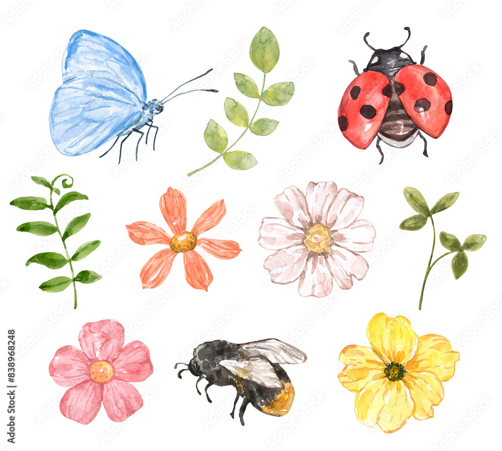 Set of watercolor hand-painted bugs - butterfly, ladybug, bee, and ...