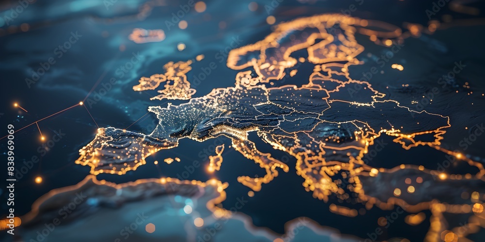 A map of Europe with glowing connections between cities representing ...