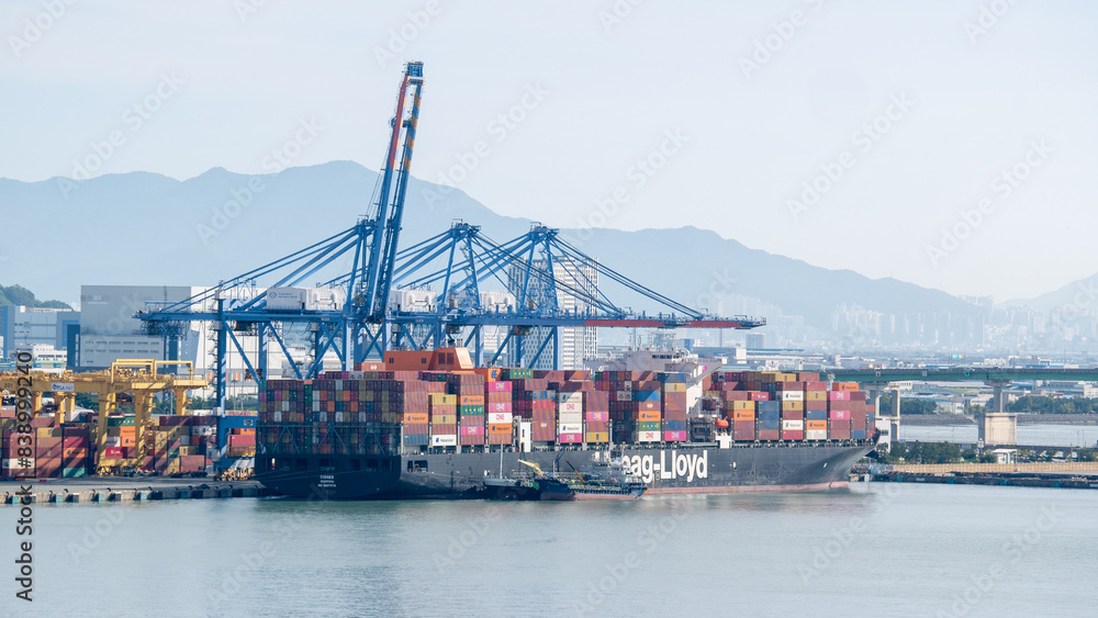 Busan, South Korea - 10.01.2023: Ultra large container ship Hapag Lloyd ...